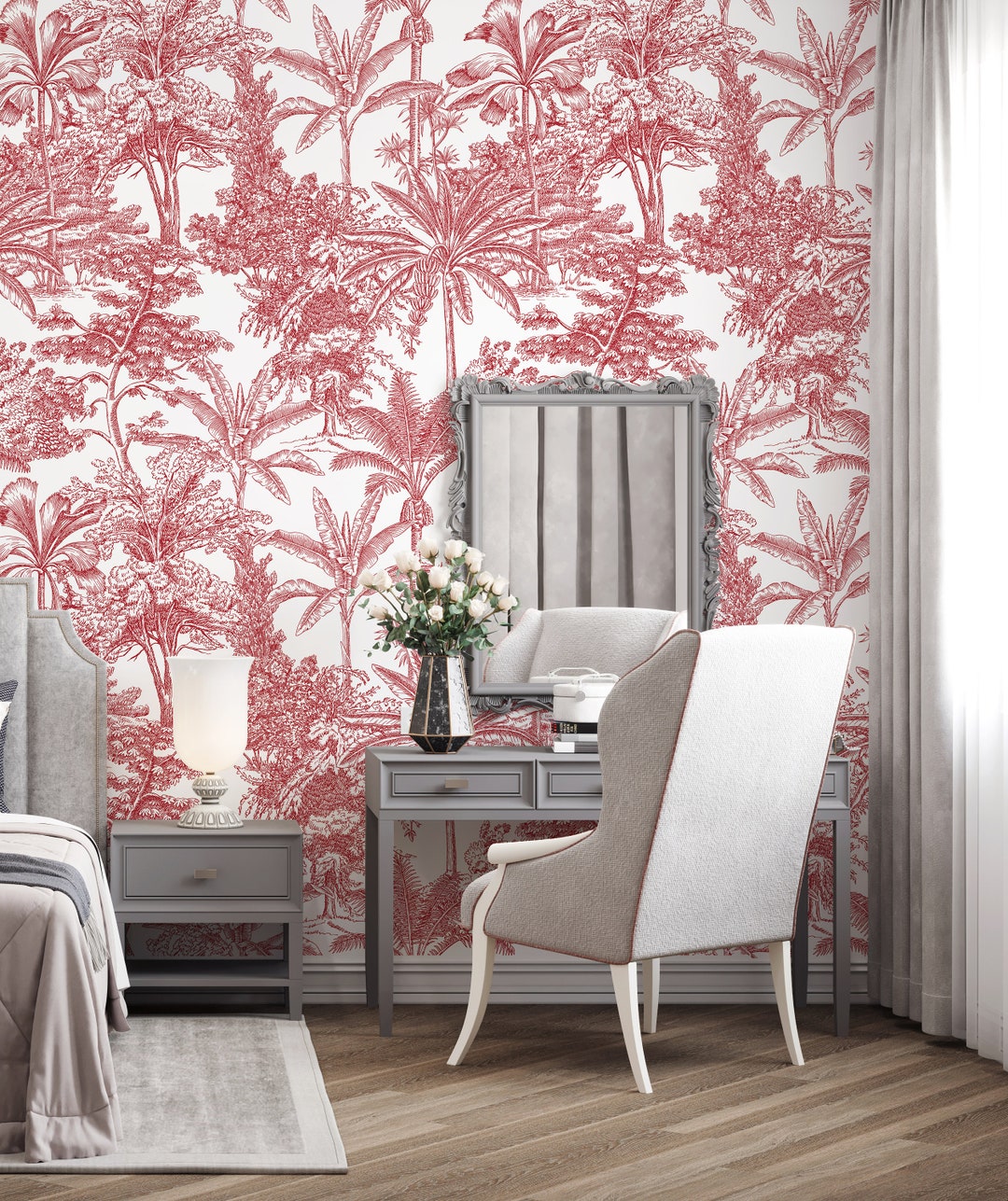 Red French Toiles Wallpaper - Toiles De Jouy Wallpaper - Chinoiserie ...