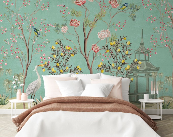 Chinese Décor Chinoiserie Wallpaper Floral Wallpaper - Etsy