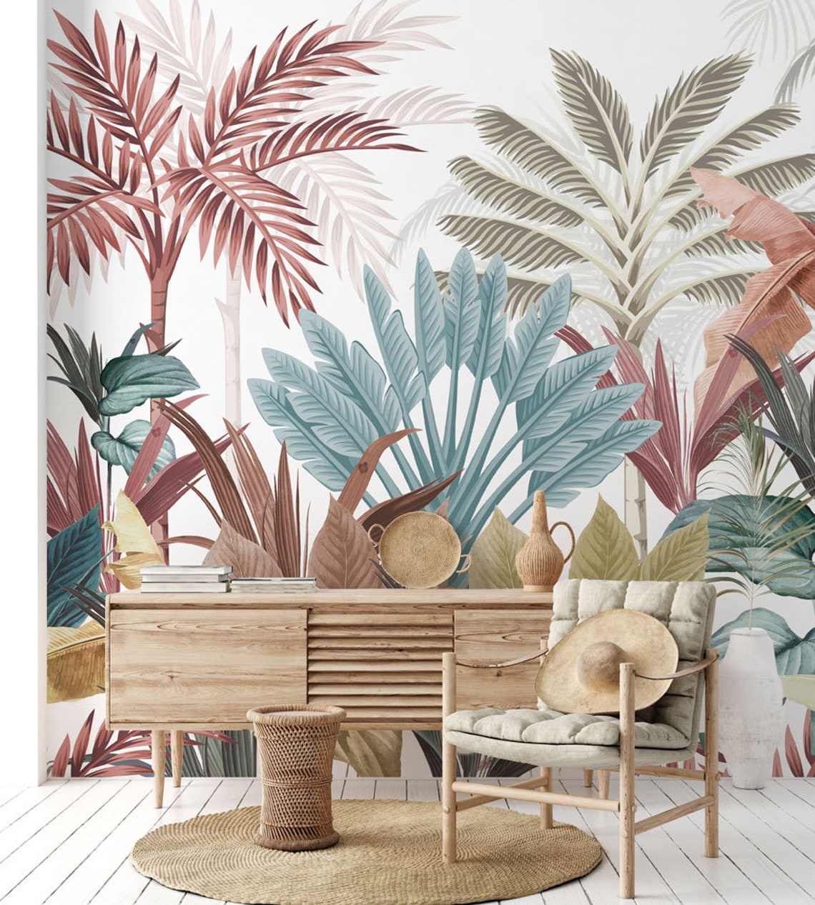 Boho Jungle-palm Tree Wallpaper With Boho Color Warm Color | Etsy