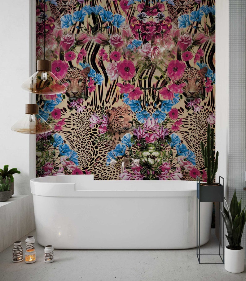 Tiger Wallpaper Leopard Wallpaper Floral Animal Wallpaper - Etsy