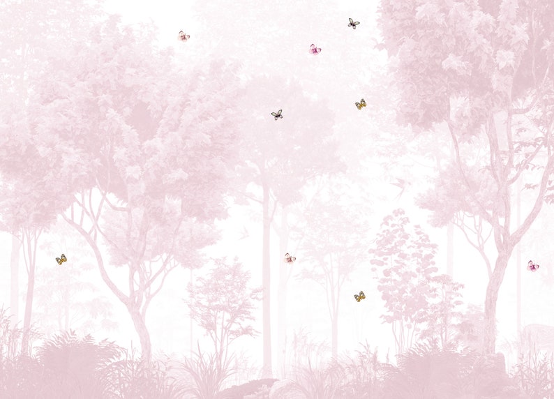Pink Forest Landscape and Butterflies Wall Mural, Kids Room Removable ...