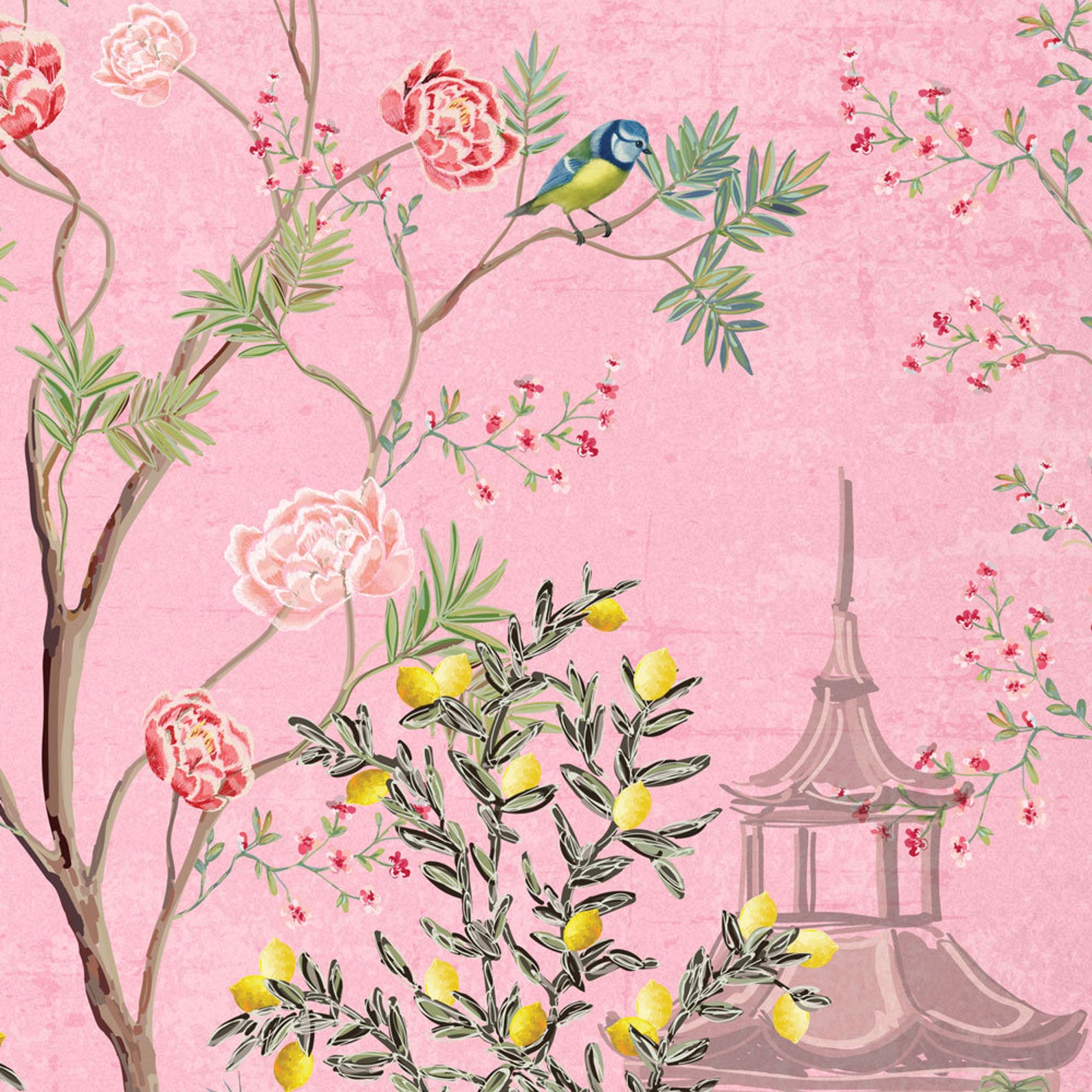 Chinese Décor in Pink Japanese Wallpaper lemon Tree Wall - Etsy