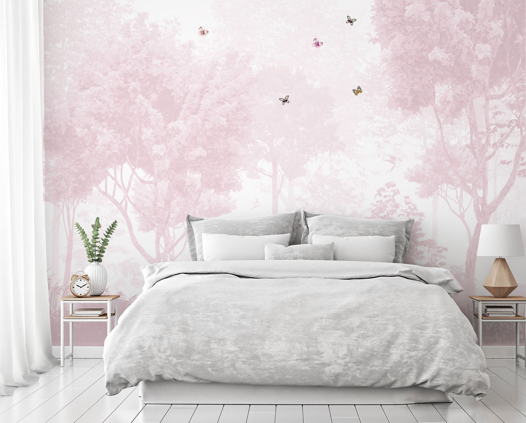 Pink Forest Landscape and Butterflies Wall Mural, Kids Room Removable ...