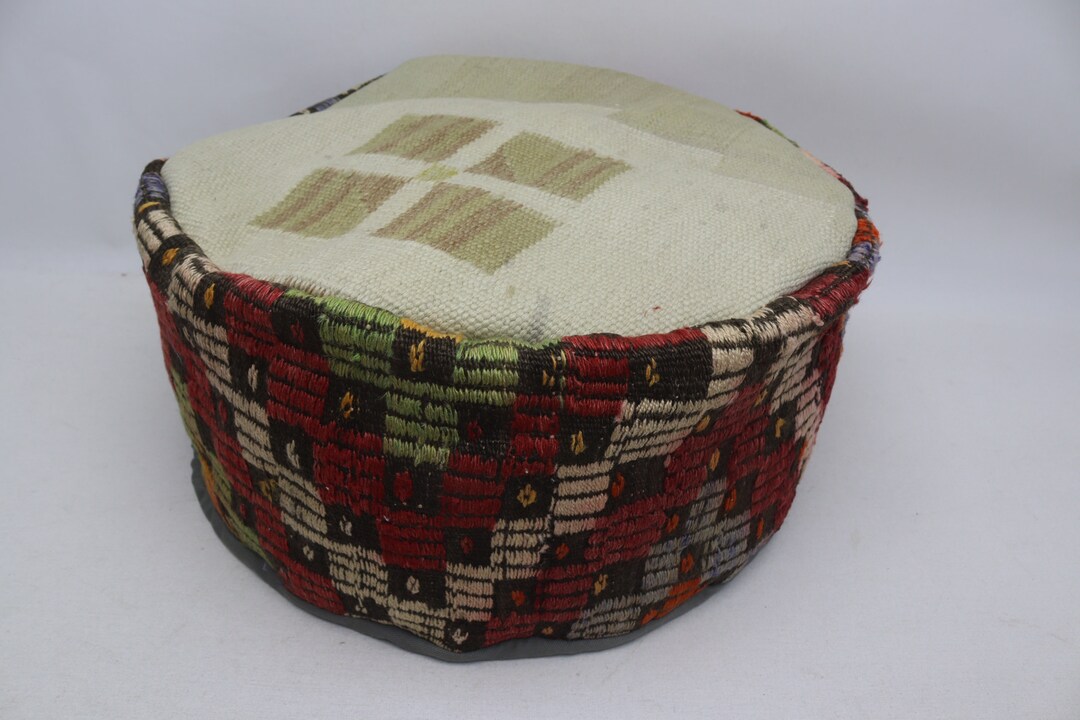 Ethnic Pouf Cover, Round Camping Pouf, Kilim Beanbag, Ottoman Cushion ...