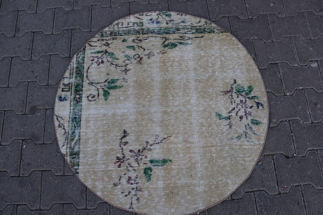 Turkish Small Rug, Circle Wool Rug, Frontdoor Rug, Vintage Rug, Small ...