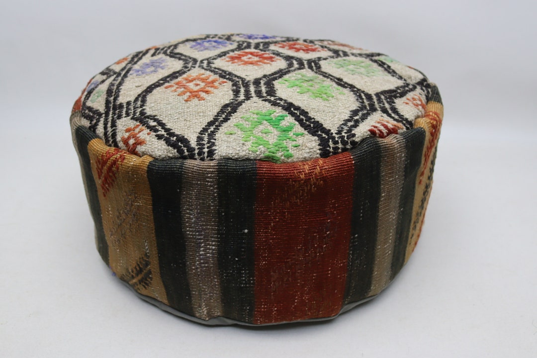 Moroccan Style, Circle Pouf, Turkish Kilim Pillow, Handwoven Kilim ...
