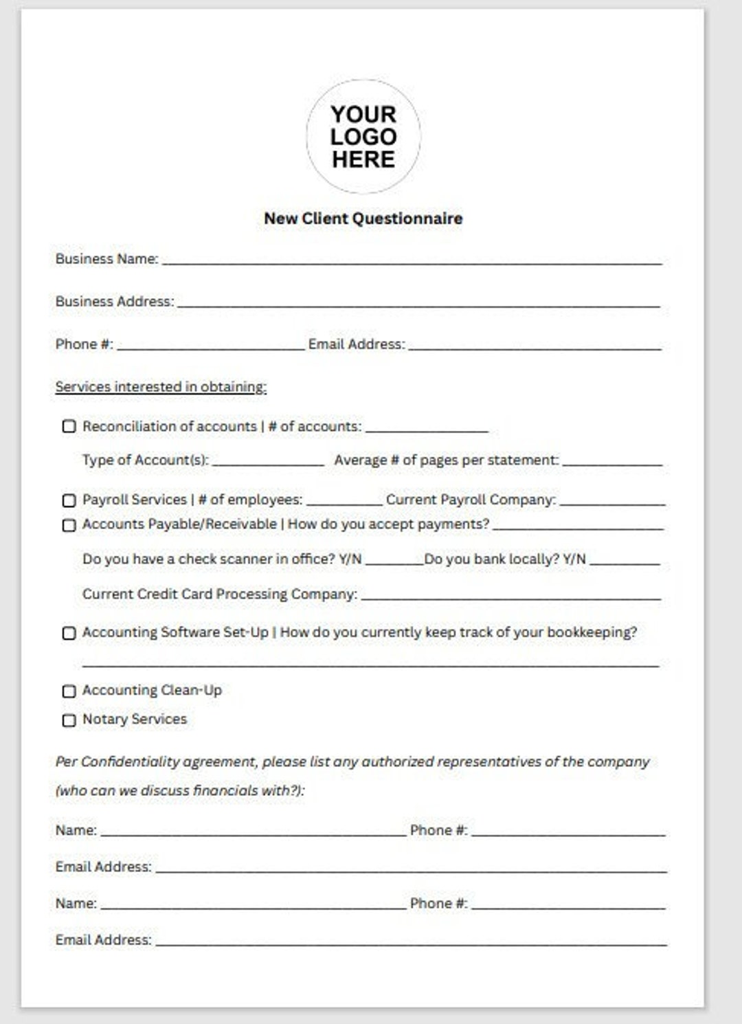 Bookkeeping Business New Client Questionnaire - Bookkeeping Editable ...