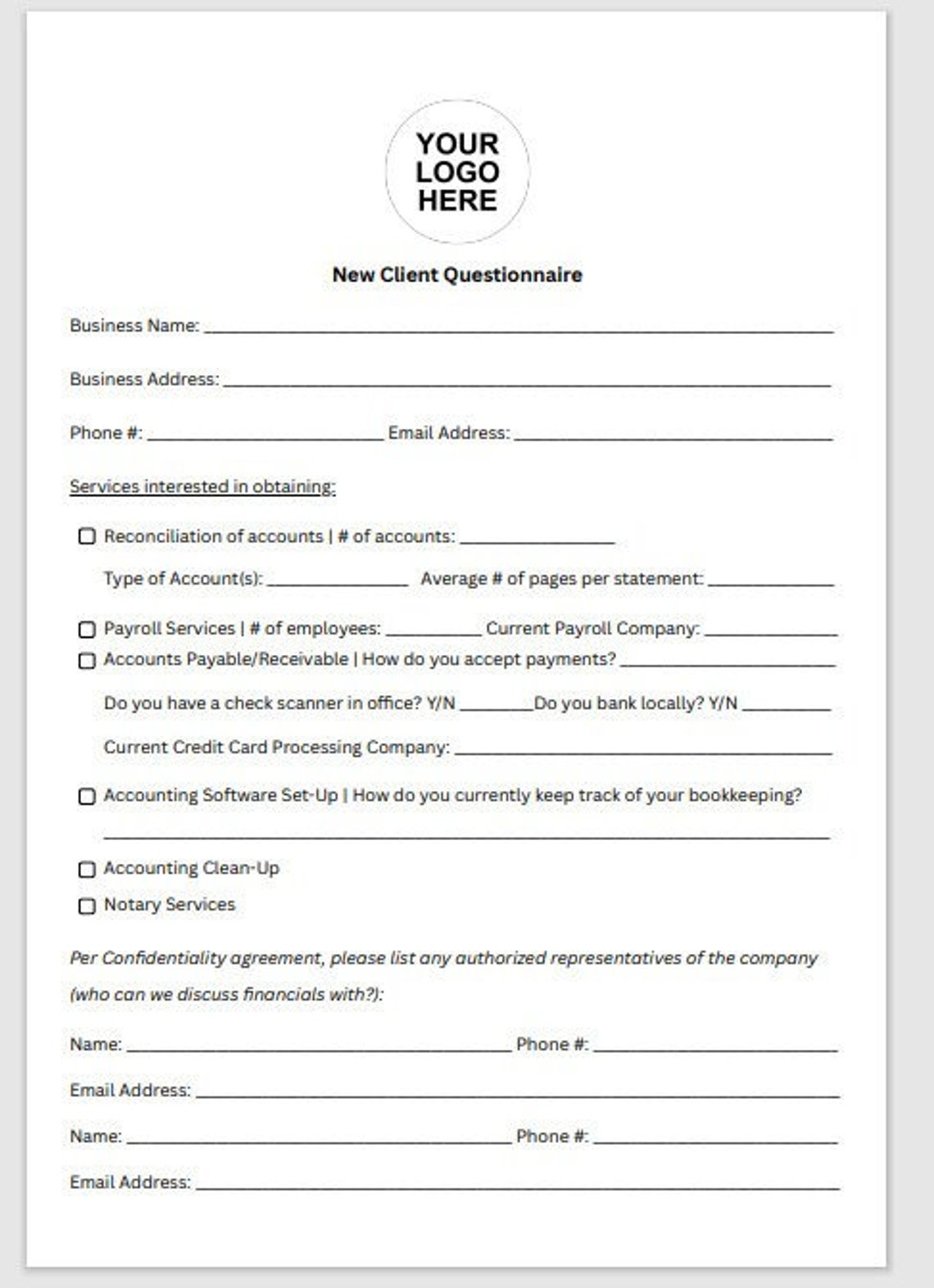 Bookkeeping Business New Client Questionnaire - Bookkeeping Editable ...