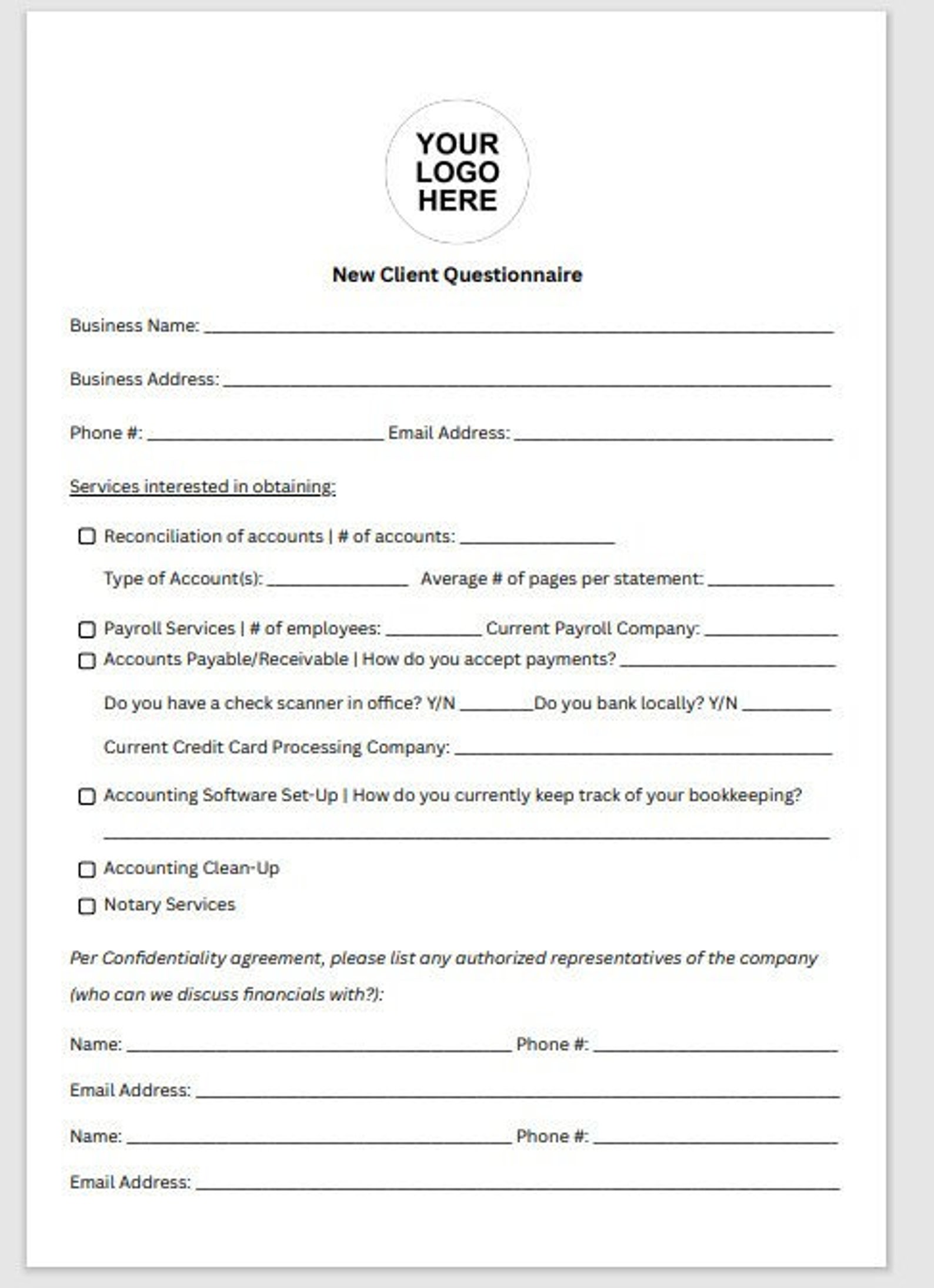 Bookkeeping Business New Client Questionnaire - Bookkeeping Editable ...