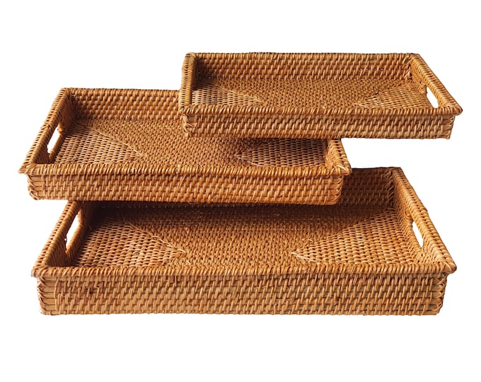 Handmade Rattan Trays With Handles| Handwoven Rectangular Multi-purpose ...