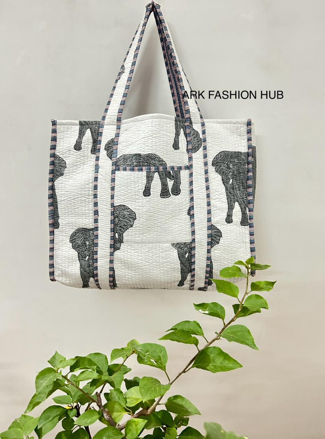 Hand Block Elephant Print Tote Bag Cotton Quilted Indian, Eco-friendly ...
