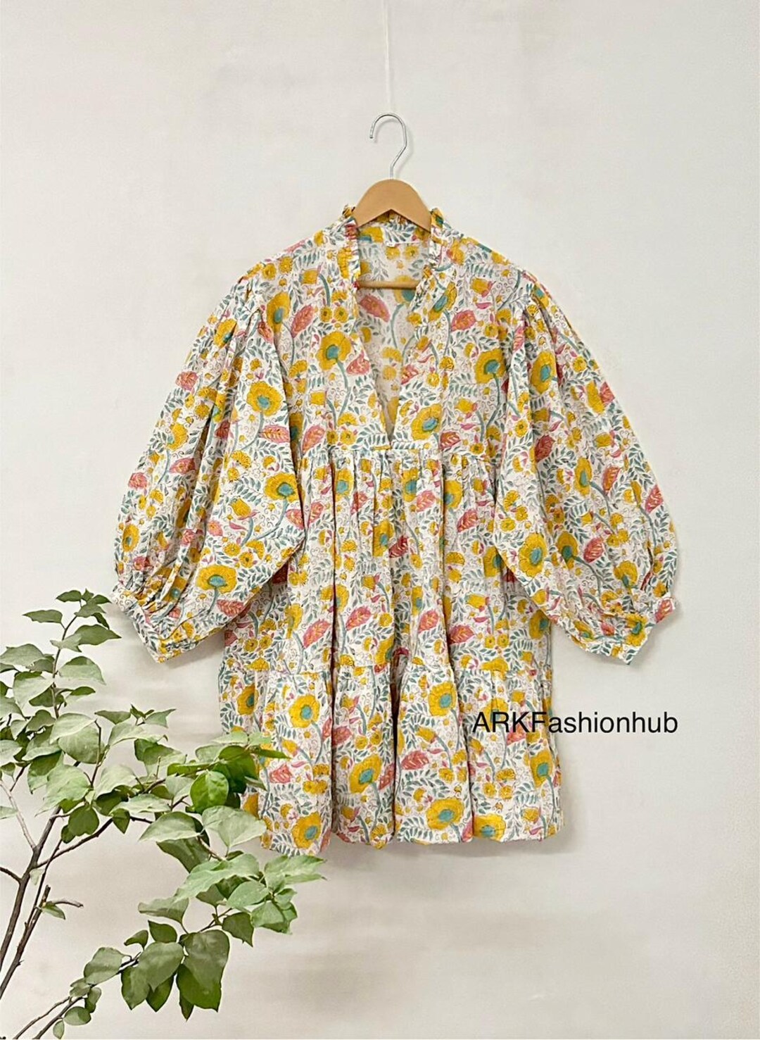 Floral Block Print Tiered Mini Dress, Women Midi Dress, Traditional ...