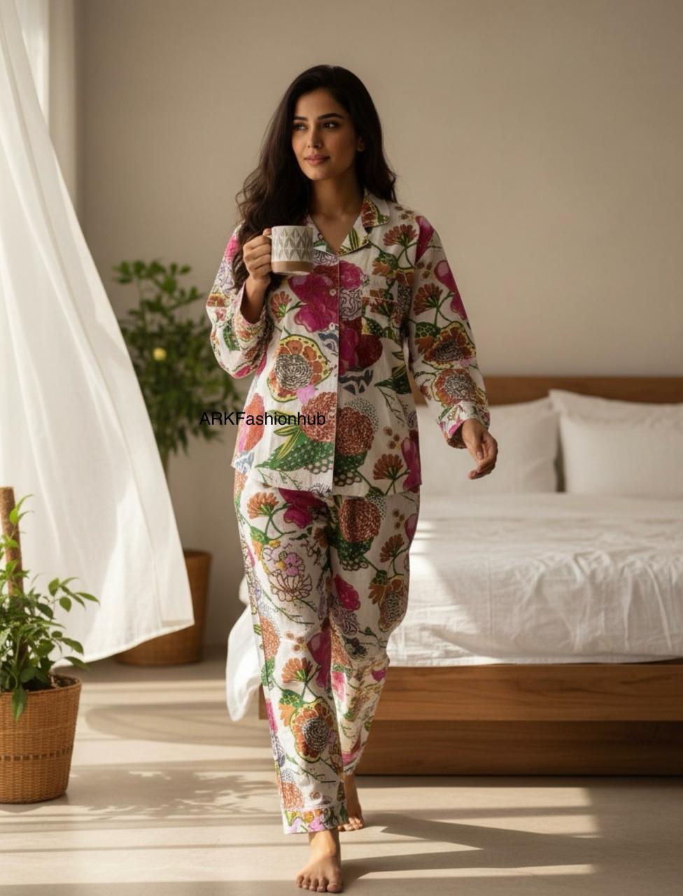 Elegant Handblock Print Cotton Pyjamas, Full Sleeve Night Suit, Ultra ...