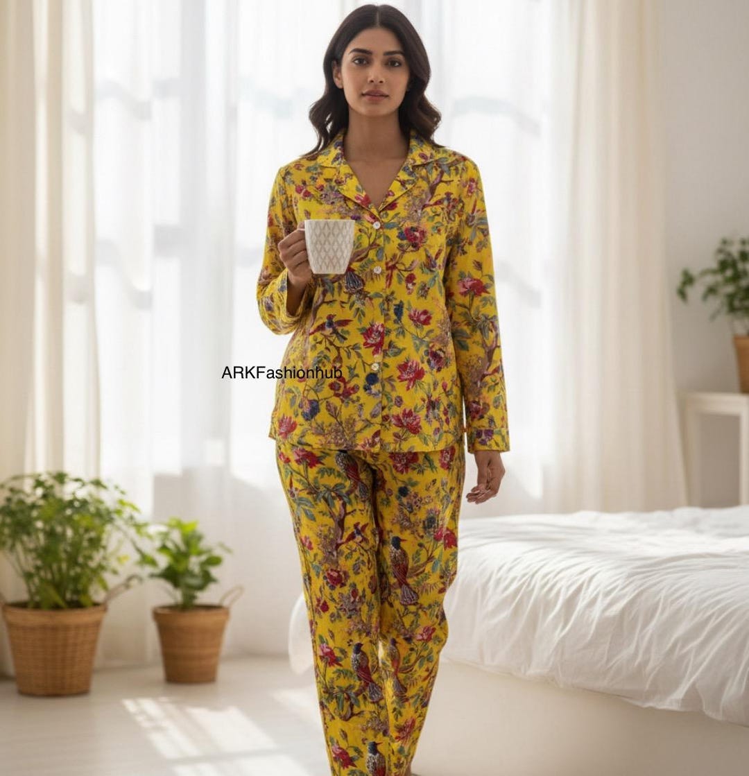 Curated Handblock Luxury: Designer Floral Cotton Pajama Set for Women ...
