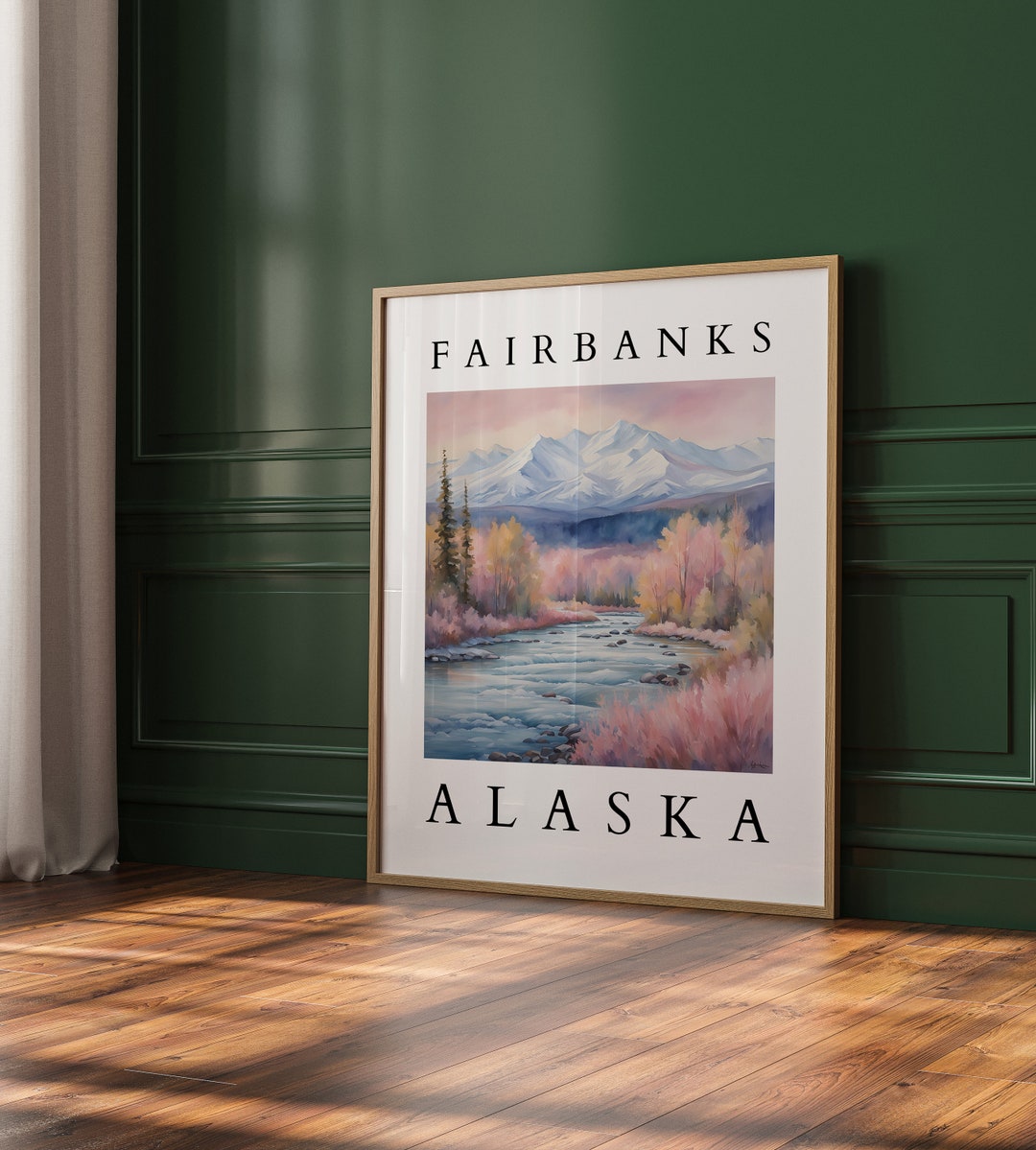 Fairbanks Alaska Landscape Art | Printable Watercolor Mountains & River ...