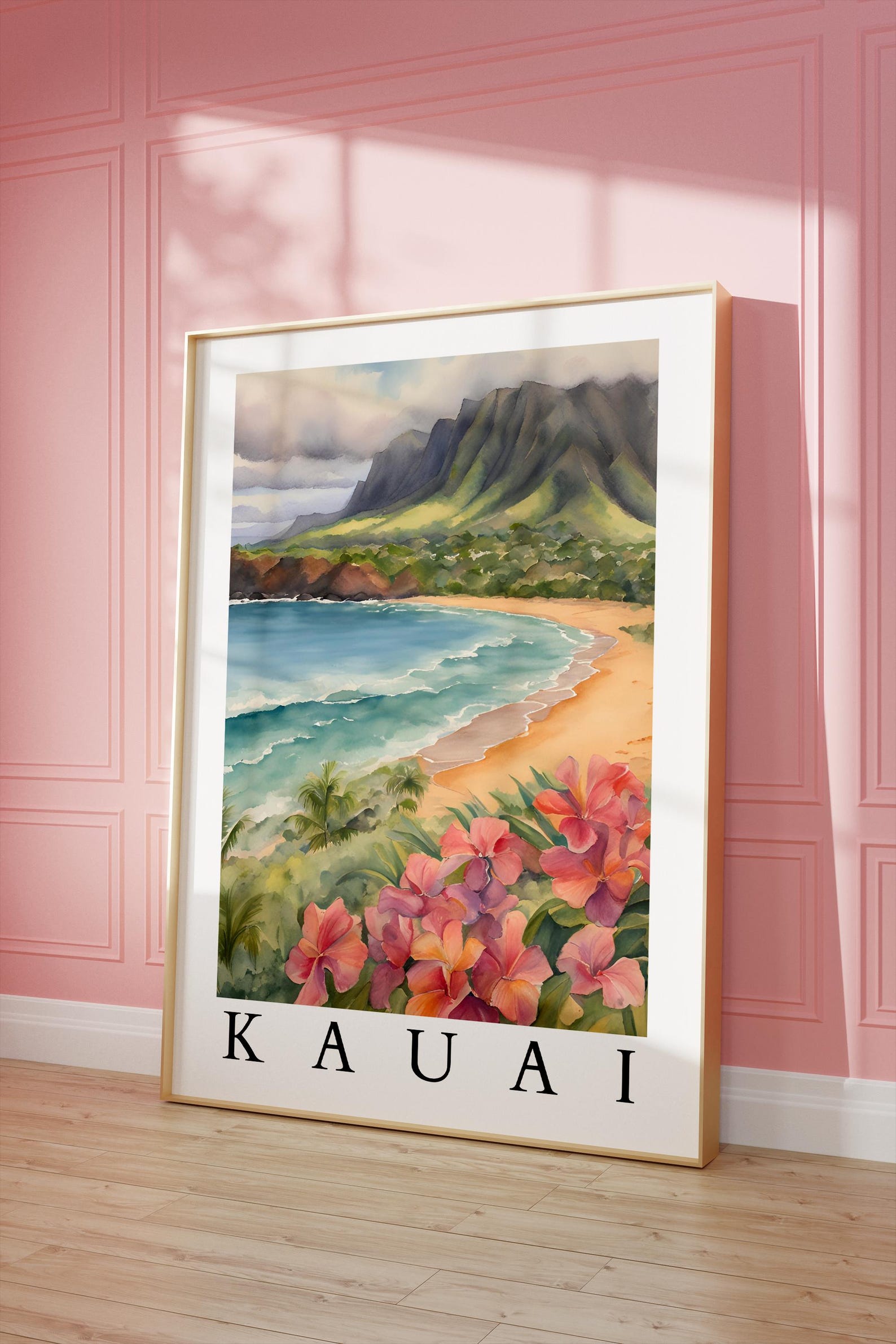 Kauai Hawaii Watercolor Printable | Tropical Beach Flowers Ocean Scene ...