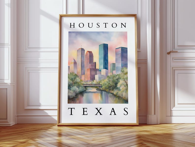 Houston Texas Watercolor Printable | Skyline With River View Wall Art ...