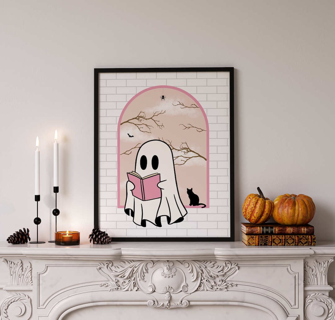 Reading Ghost Halloween Printable Wall Art | Pinkoween Print for Fall ...