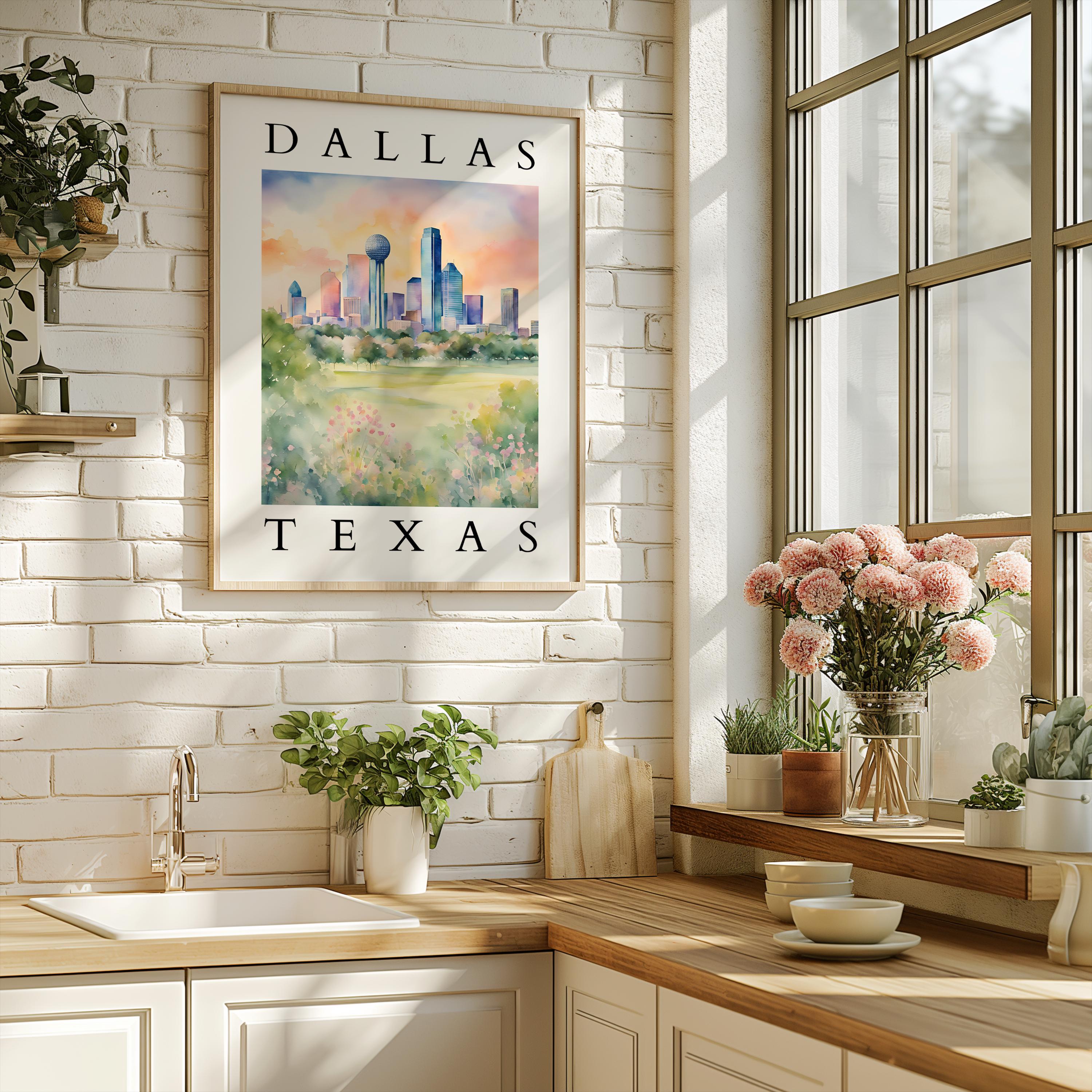 Dallas Texas Watercolor Printable | Skyline With Nature View Wall Art ...