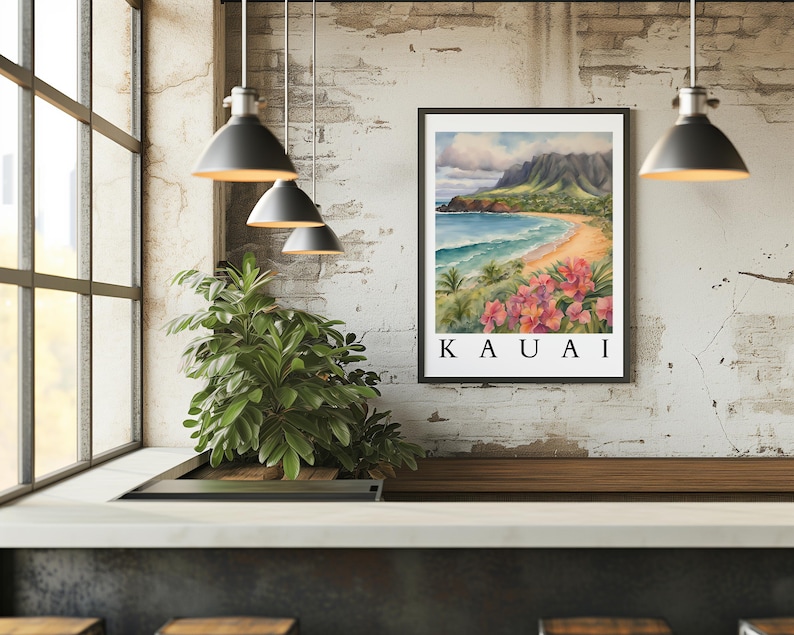 Kauai Hawaii Watercolor Printable | Tropical Beach Flowers Ocean Scene ...