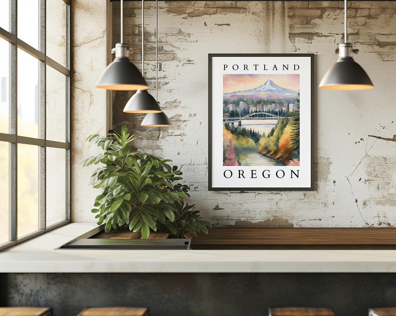Portland Oregon Watercolor Printable | City Skyline Wall Art | Mt. Hood ...