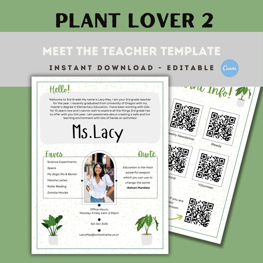 Meet the Teacher Template Plants Theme Classroom Back to School ...