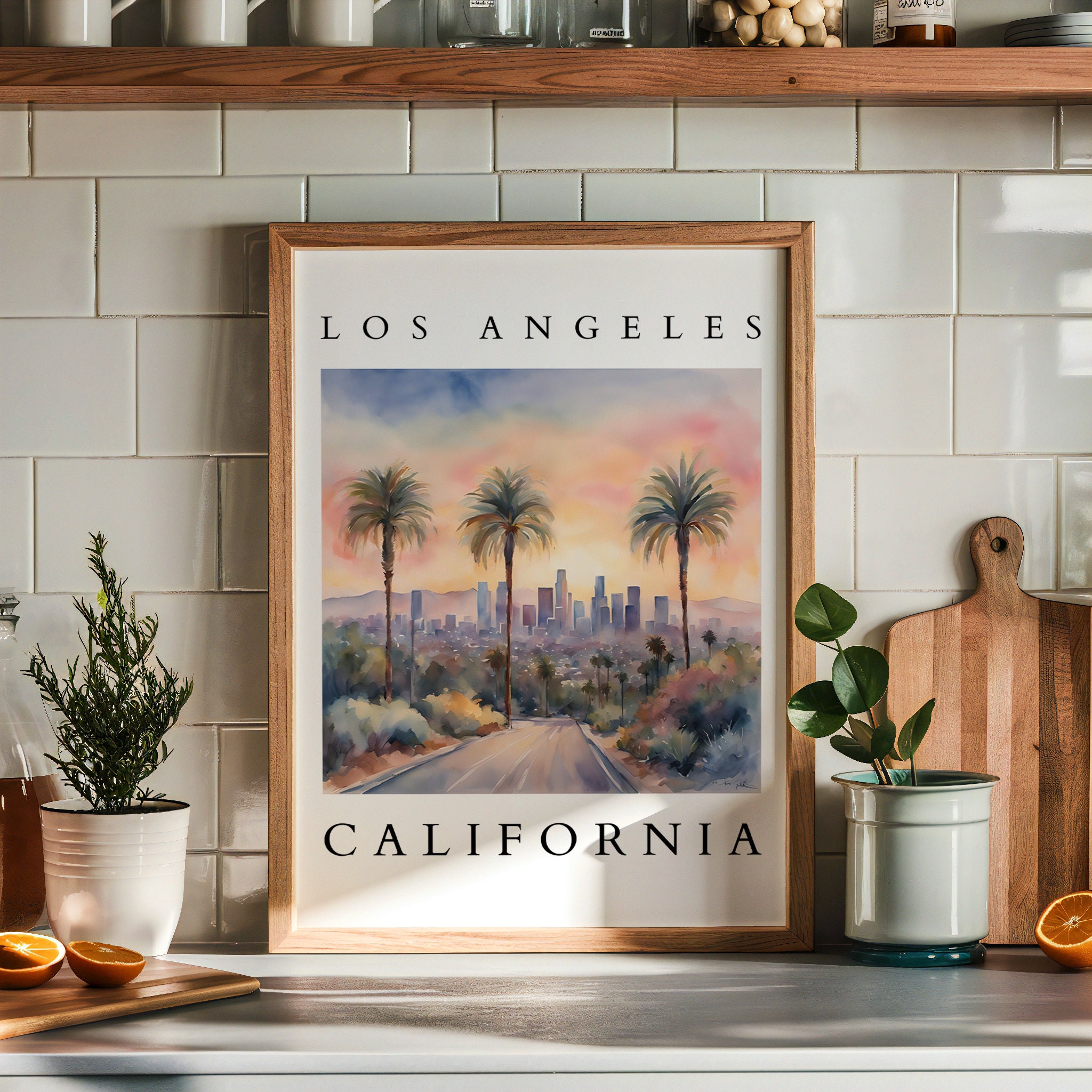 Los Angeles Skyline Watercolor Print | California Palm Trees Art | LA ...