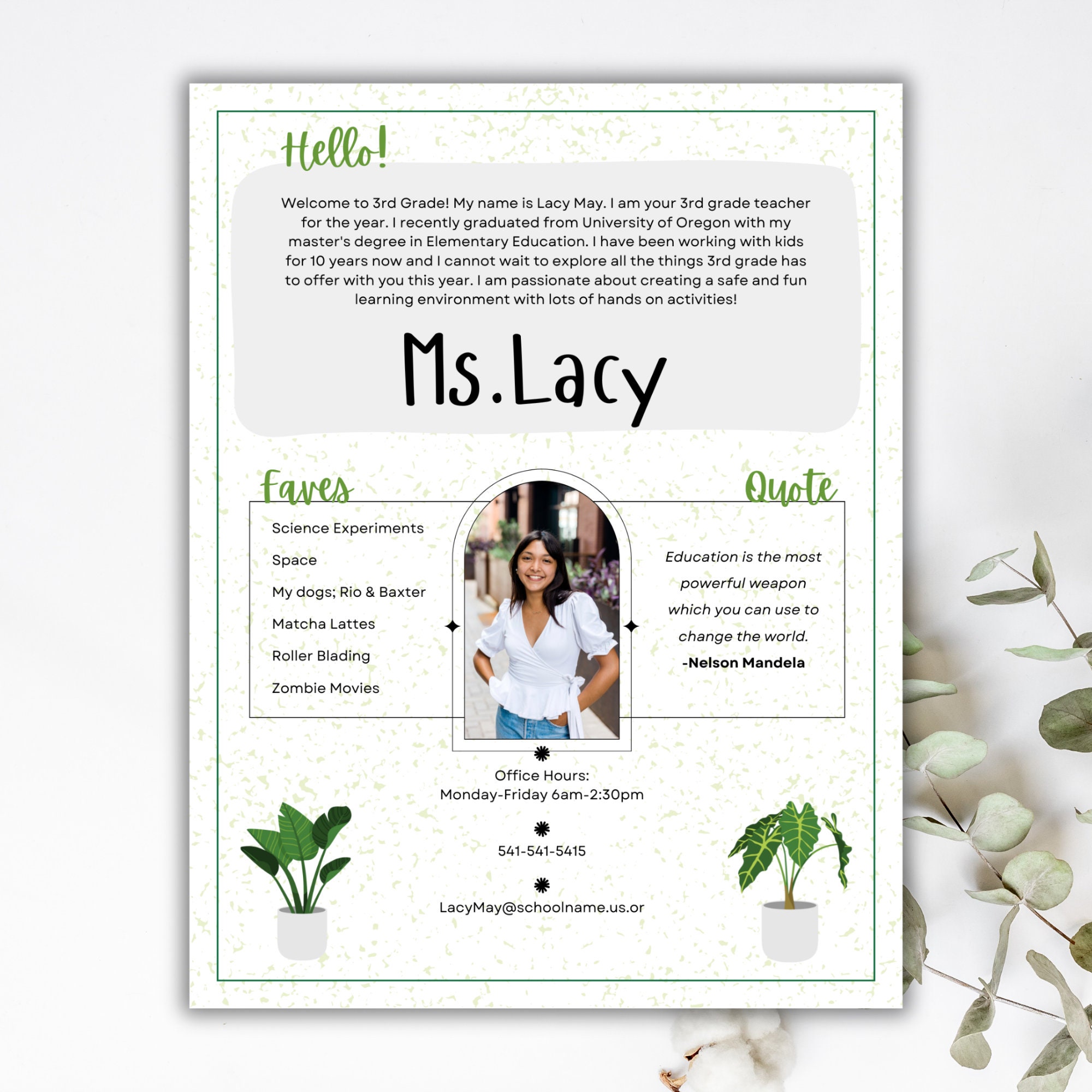 Meet the Teacher Template Plants Theme Classroom Back to School ...