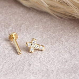 Dainty 14k Solid Gold CZ Cross Piercing, Minimalist Cross Helix, Tiny ...