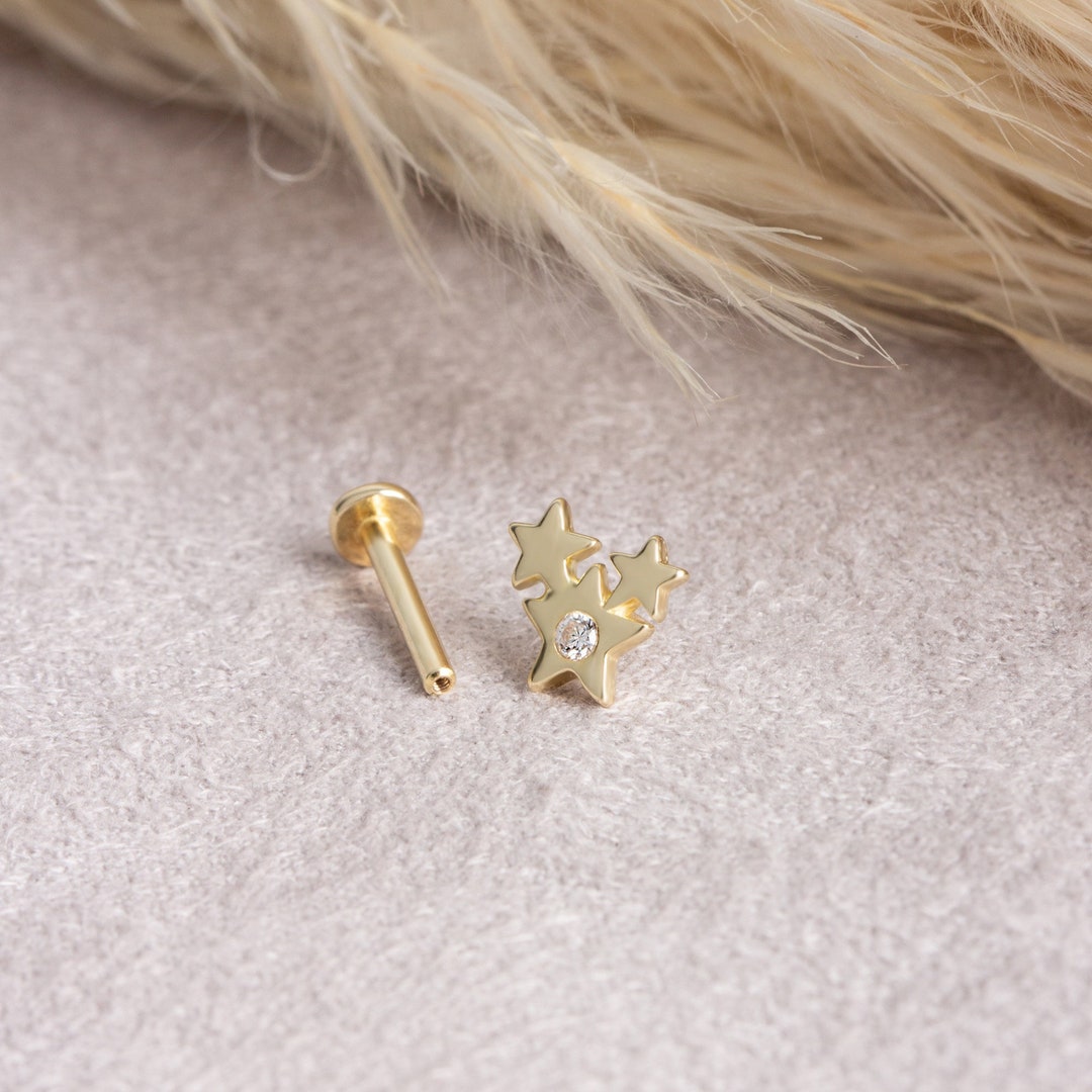 Three Stars Piercing, 14K Solid Gold Piercing, Screw Back Earring, Gold ...