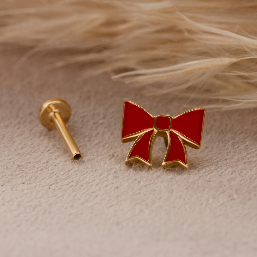 Ribbon Piercing, 14K Solid Gold Bow Piercing, Ribbon Bow Earring, Red ...