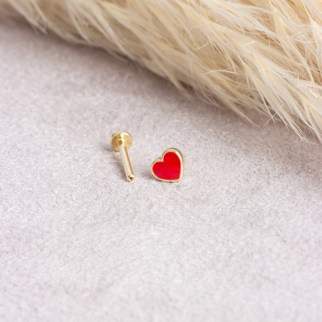 Heart Piercing, 14K Solid Gold Heart Jewelry, Enamel Heart Earring ...