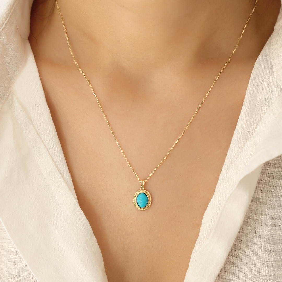 14k Solid Gold Turquoise Necklace, Turquoise Pendant, Oval Cut Pendant ...