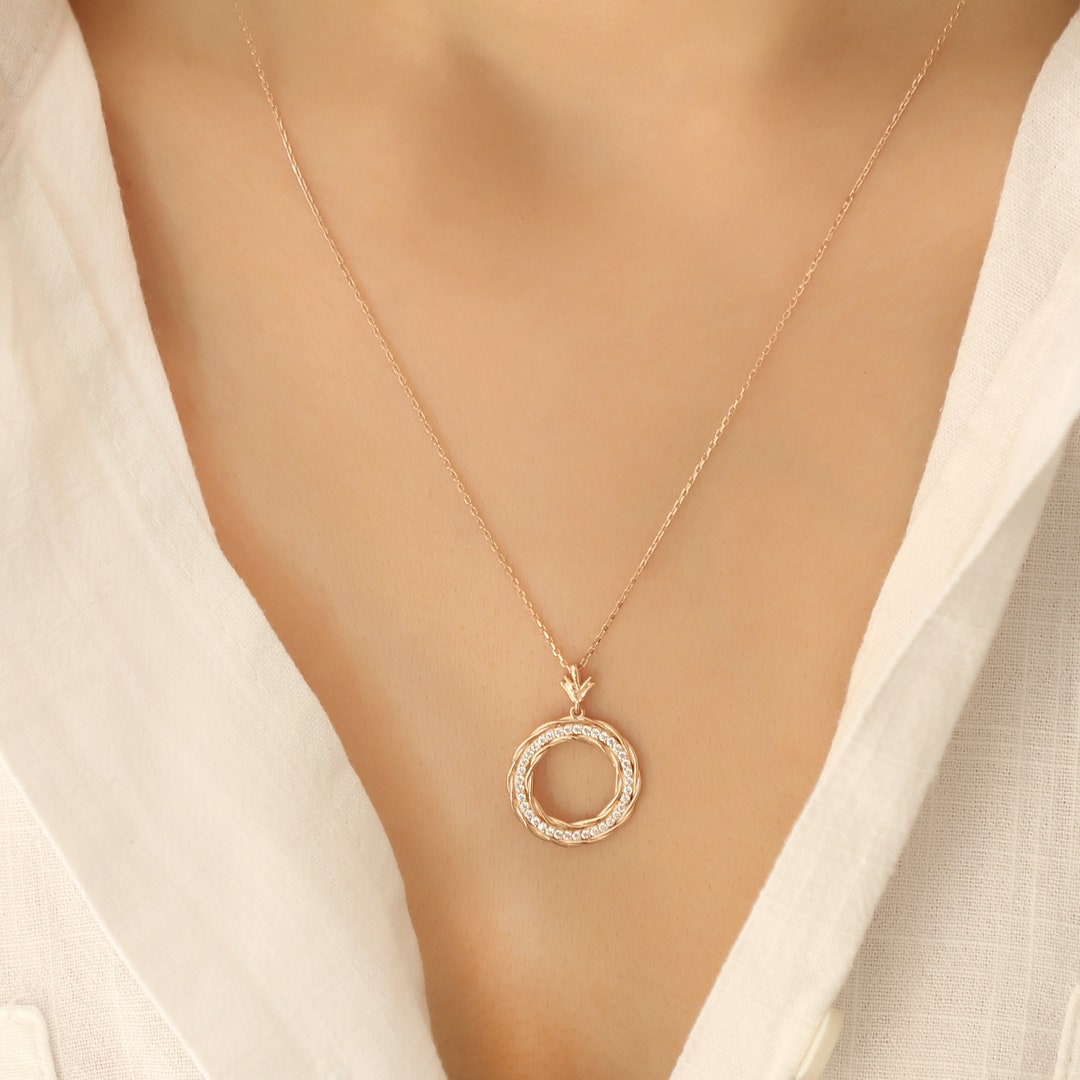 14K Solid Gold Circle Pendant Necklace, Circle Necklace, Gold Chain ...