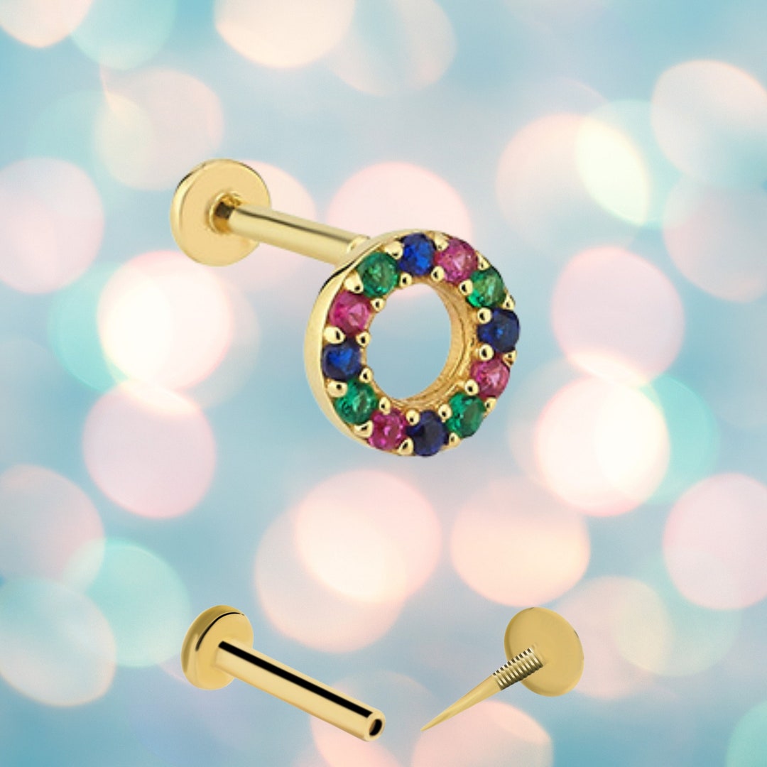 CZ Rainbow Piercing, 14k Solid Gold Circle Piercing, Rainbow Earrings ...