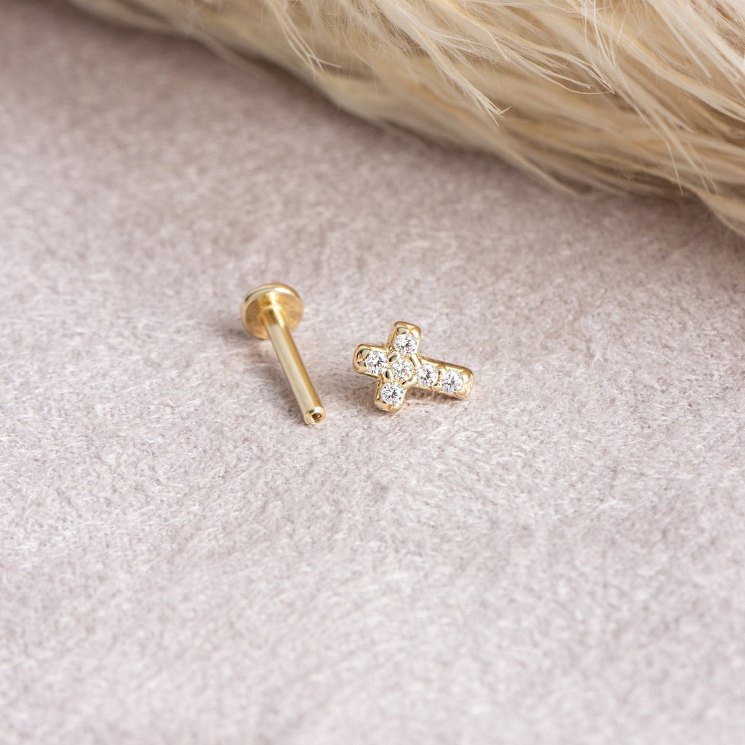 Dainty 14k Solid Gold CZ Cross Piercing, Minimalist Cross Helix, Tiny ...