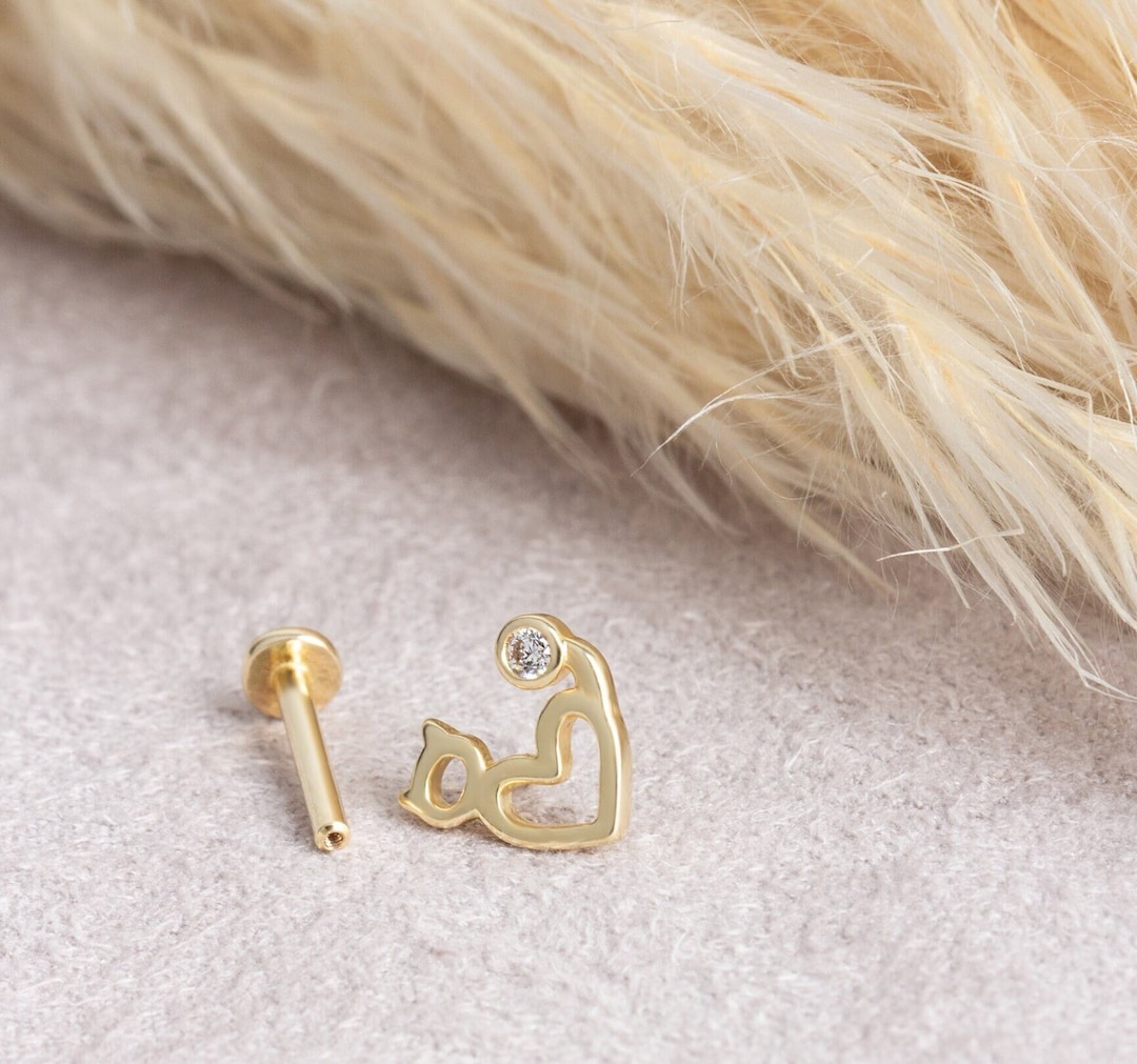 Cat Piercing, 14K Solid Gold Animal Earring, Cat Lovers Piercing ...