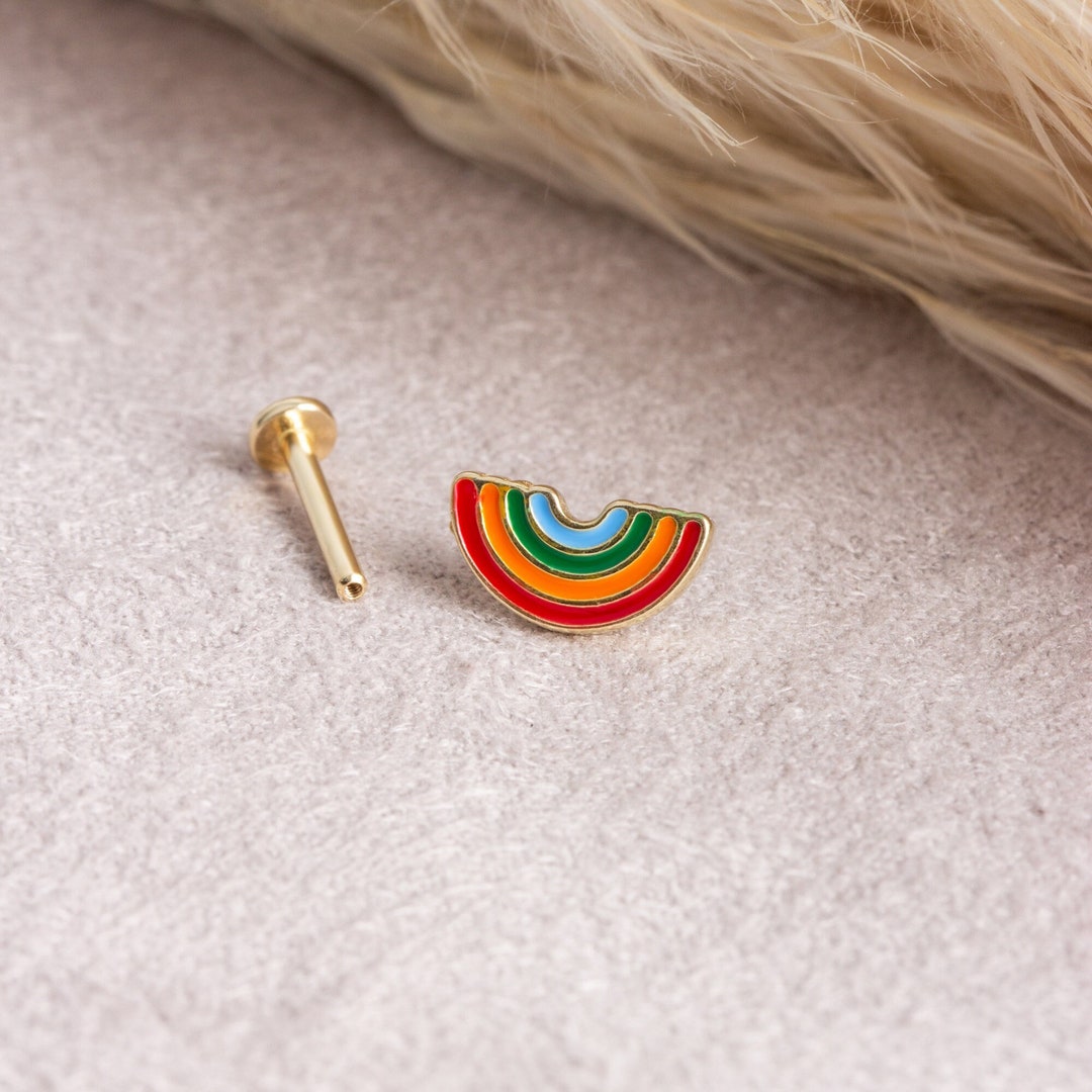 Rainbow Piercing, 14K Solid Gold Stud Colorful Piercing, Rainbow ...