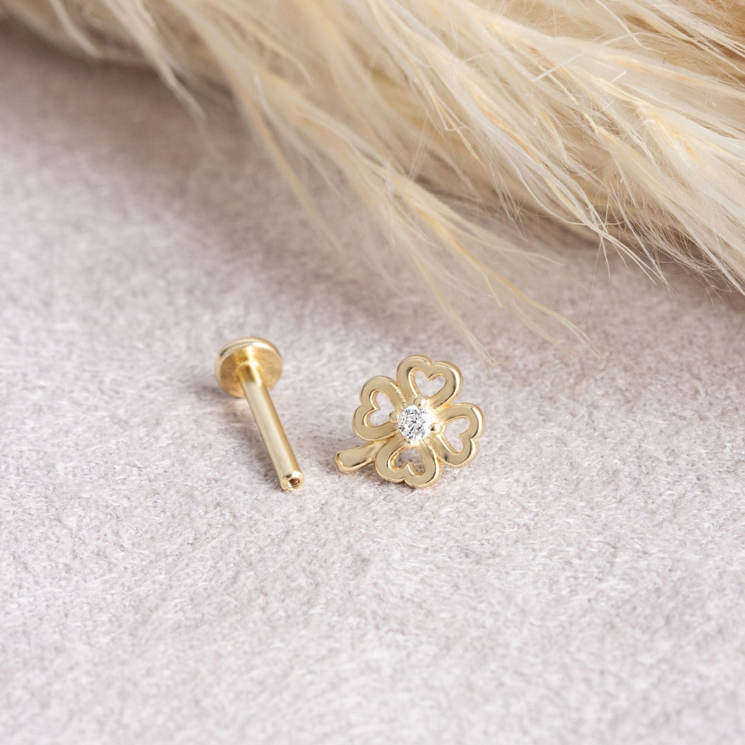 Clover Piercing, 14K Solid Gold Flower Piercing, Lucky Earring, Flour ...