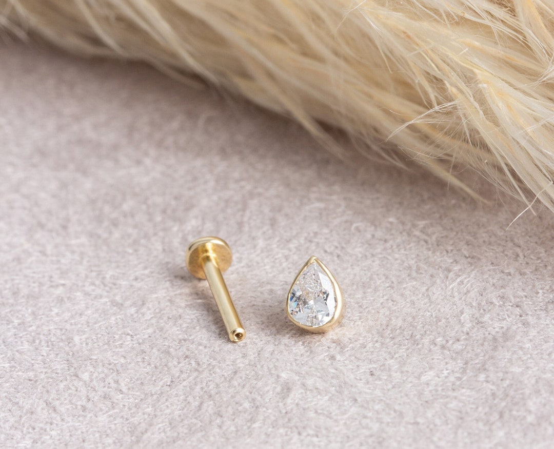 Buy Drop Piercing, 14K Solid Gold Drop Earring, Pear Shape, CZ Piercing ...