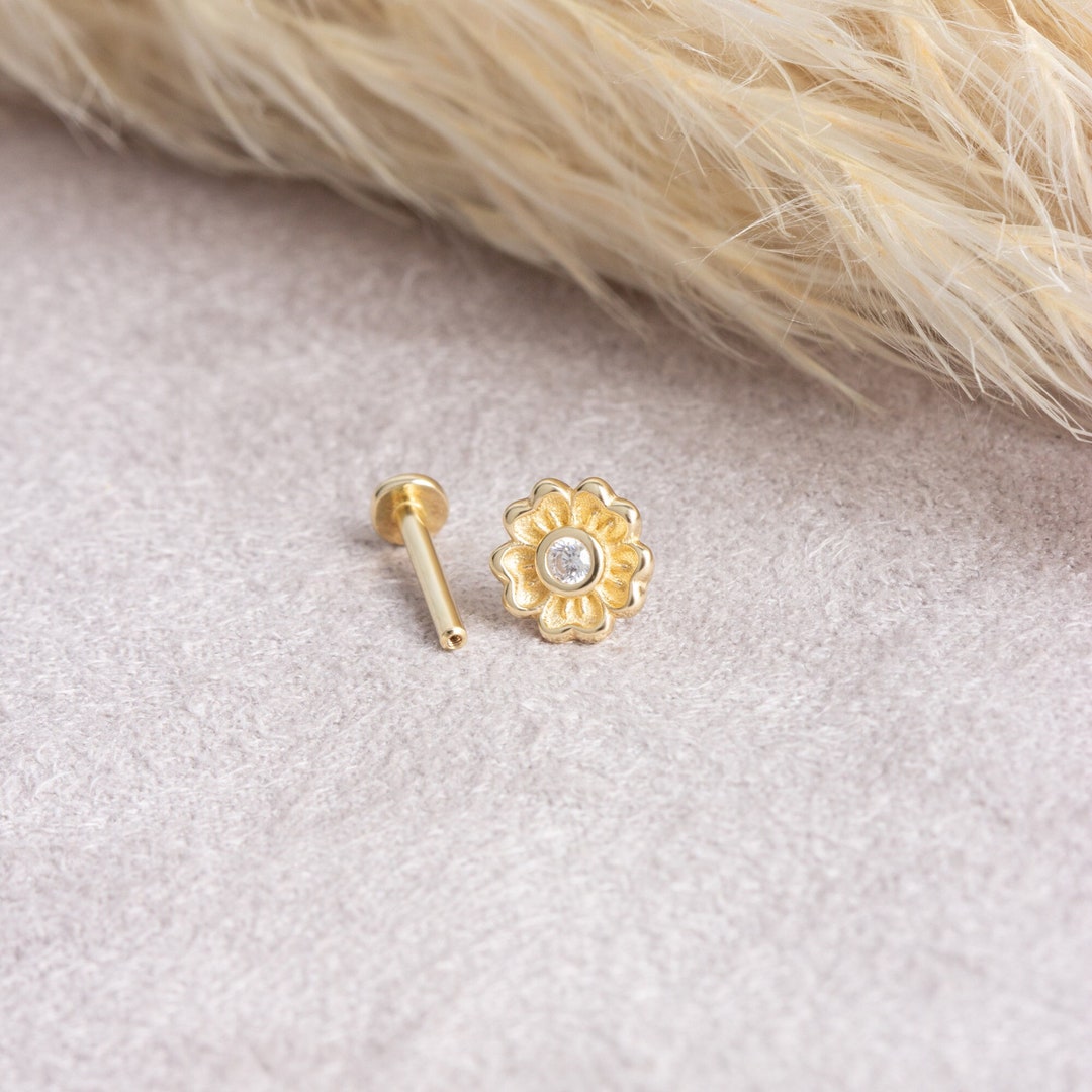 Flower Piercing, 14K Solid Gold Solitaire CZ Flower Piercing, Daisy ...