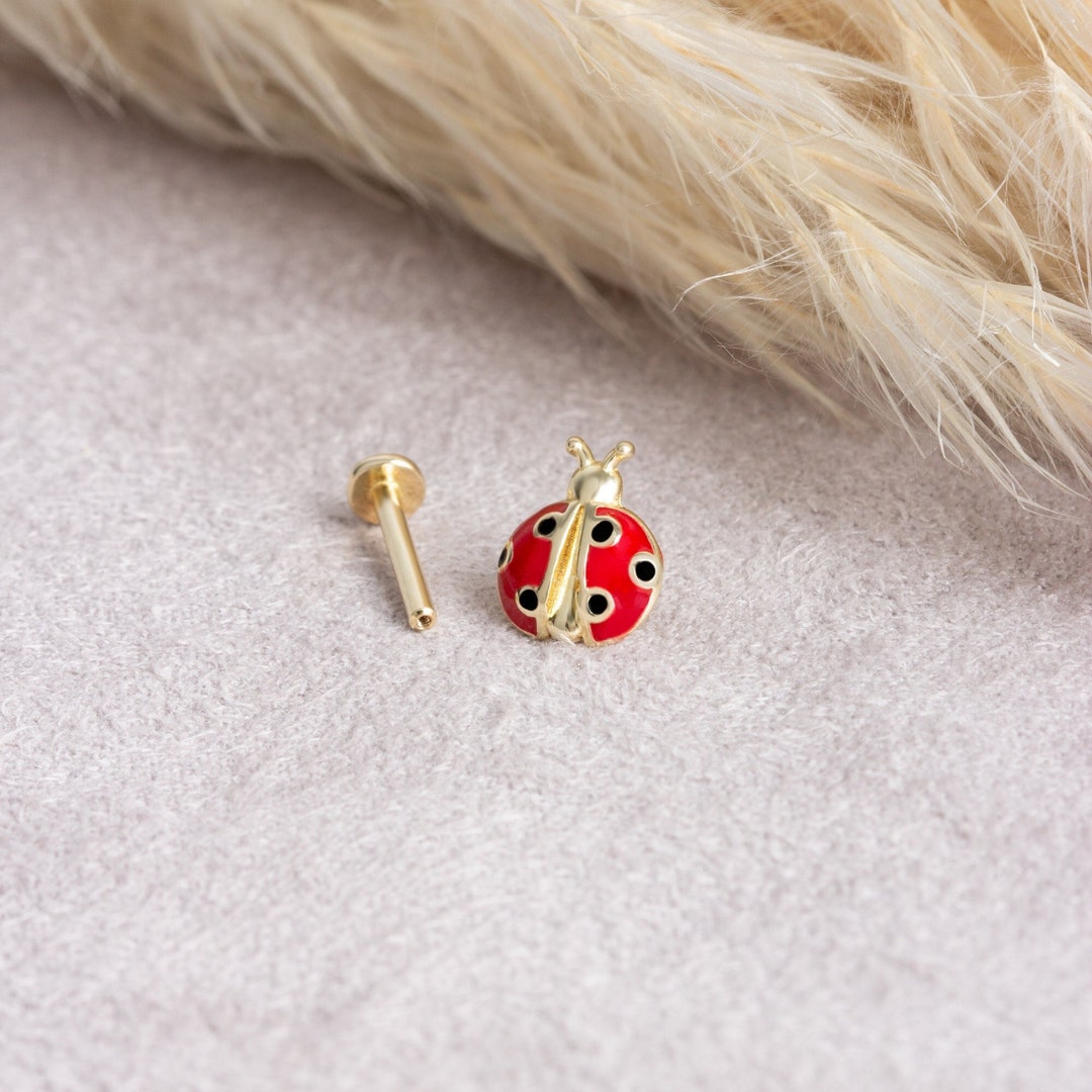 Ladybug Piercing, 14K Solid Gold Ladybird Earring, Animal Jewelry ...