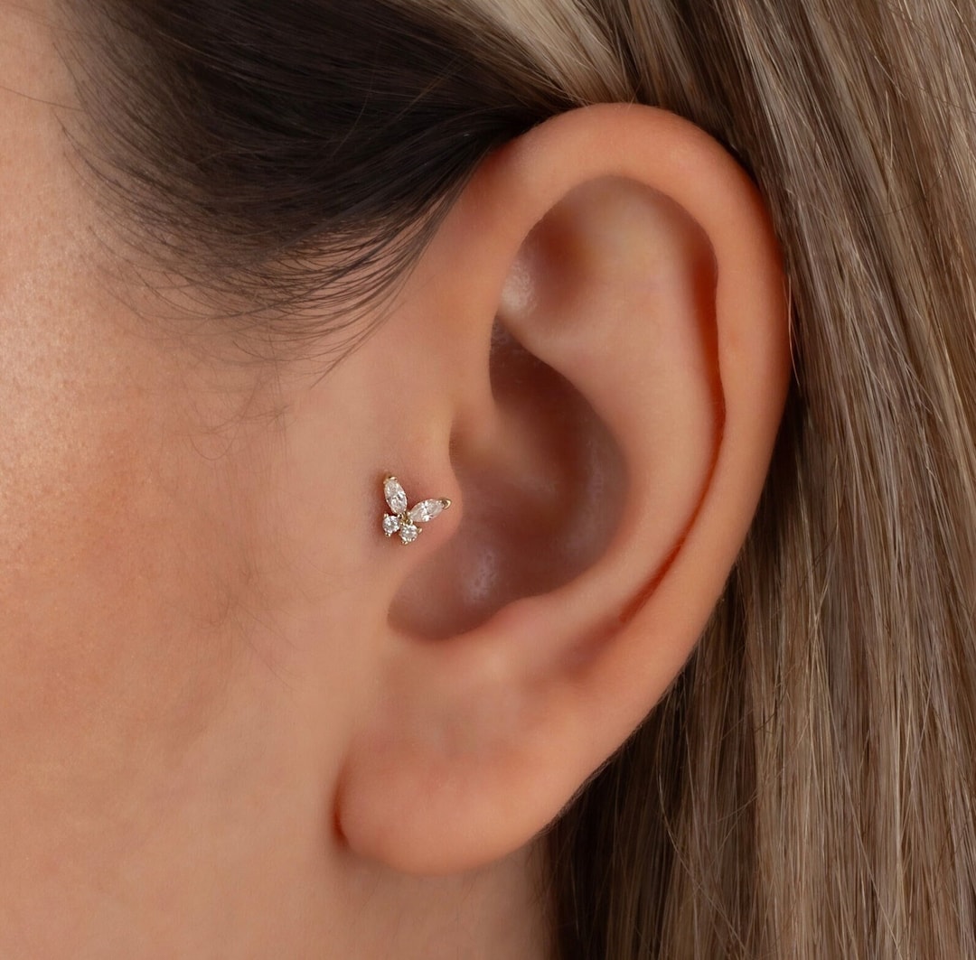 Butterfly Piercing, 14K Solid Gold Butterfly Tragus Piercing, CZ ...