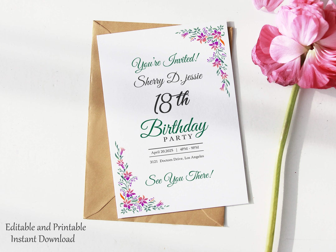 Floral Invitation Birthday Card Editable and Printable Birthday Card ...