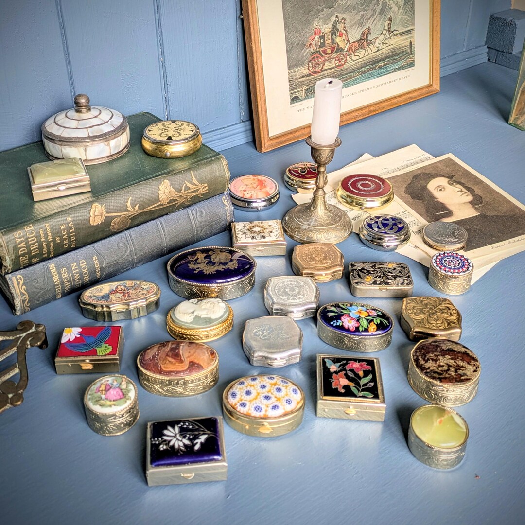 Vintage Pill Box: Ornate Brass, Silver, Onyx, Enamel Snuff/needle Box ...