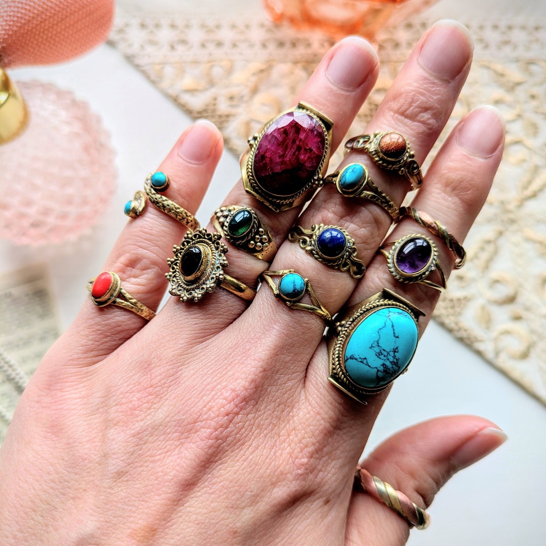 Vintage Rings. Antique Brass, Gold Tone, Silver Gemstone Rings. Turquoise, Amethyst, Tigers Eye ...