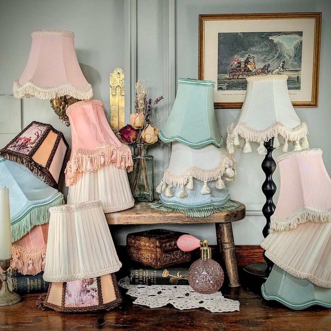 Vintage Fabric Lamp Shade With Tassels. Small Mid Century Pink, Ivory ...