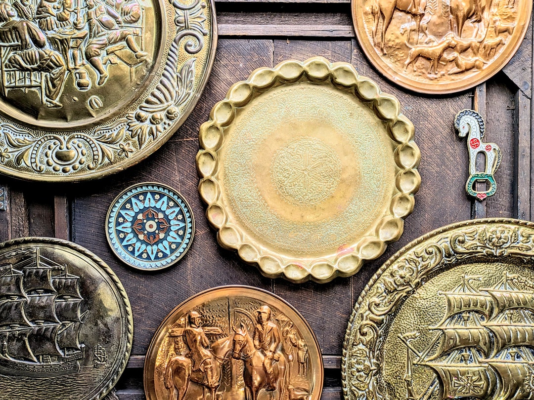 Vintage Brass & Copper Decorative Plates. Antique Engraved Brass Tray ...
