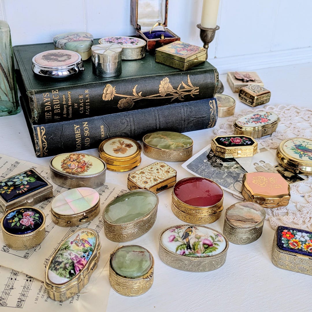 Vintage Pill Box: Ornate Brass, Silver, Onyx, Enamel Snuff/needle Box ...