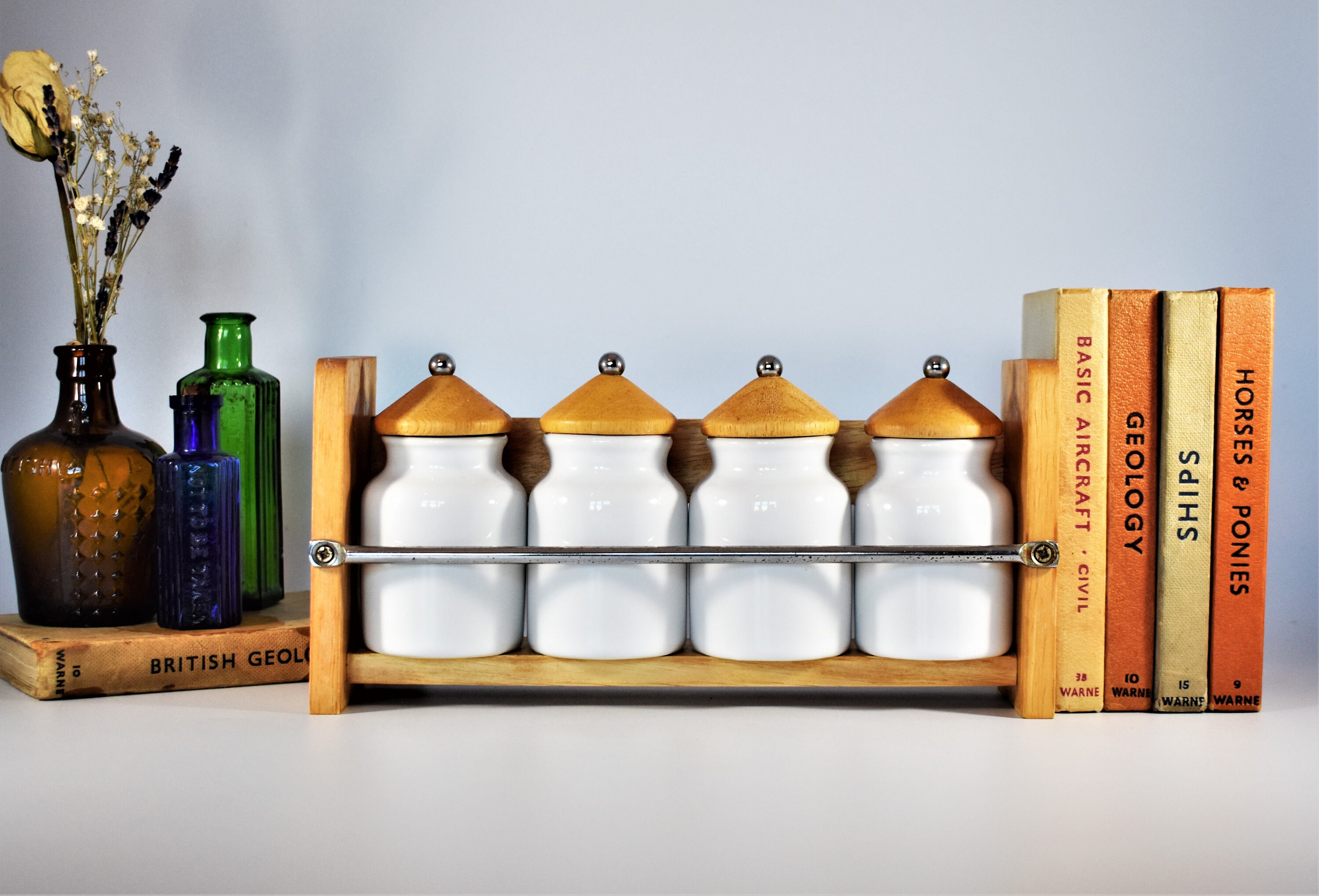 Retro Wooden Spice Rack with Ceramic Jars. Vintage White | Etsy